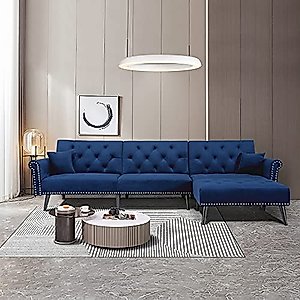 Modern L-Shaped Corner Sofa Convertible Sleeper Couch Bed,Upholstered Folding Recliner,Nailhead Decor Button Tufted Modular Sectional Sofá with Pillows&Reversible Chaise for Living Room Furniture Set