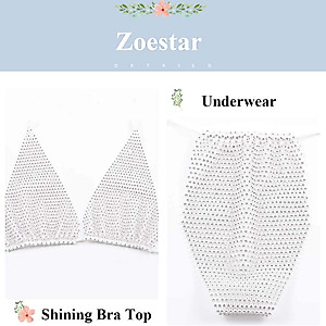 Zoestar Crystal Mesh Bikini Sets Sparkly Top with Underwear Suit Fashion Rhinestone Crop Top Festival Rave Party Outfits Body Chain Jewelry for Women and Girls