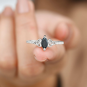 Certified Onyx Celtic Knot Ring with Diamond, Natural 4X8 mm Marquise Shape Black Onyx Celtic Design Ring For Women, Aaa Quality, 14K White Gold, Size:US 7.50