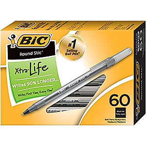 BIC Round Stic Xtra Life Ballpoint Pen, Medium Point (1.0mm), Black, 60-Count