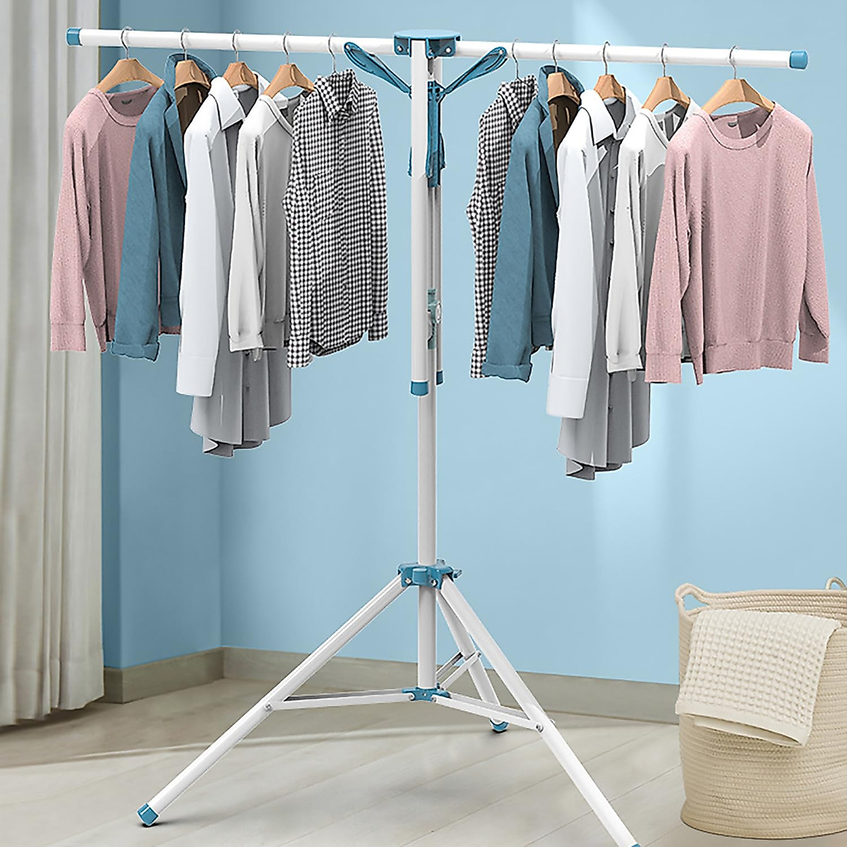 AUGMIRR Clothes Drying Racks, Height-Adjustable 52 Inches Updated Version,Stainless Steel for Indoor Outdoor,Length Adjustable Saves Space,with 20 Windproof Hooks (Tripod Rack, 52")