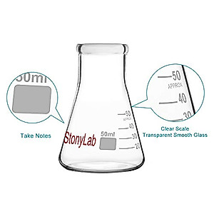 stonylab 1-Pack Glass 50 ml Heavy Wall Narrow Mouth Erlenmeyer Flasks with Heavy Duty Rim - (50ml Fits with StonyLab 4# Rubber Stopper)