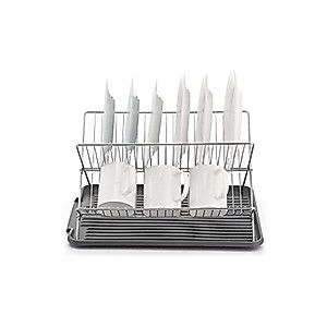 J&V TEXTILES Foldable Dish Drying Rack with Drainboard, Stainless Steel 2 Tier Dish Drainer Rack, Collapsible Dish Drainer, Folding Dish Rack for Kitchen Sink, Countertop, Cutlery, Plates (Gray)