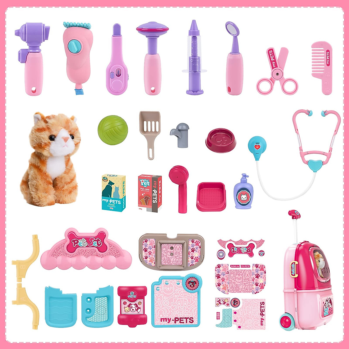 MAGIC4U Pet Cat Care Carrier Suitcase Toy, 29PCS Vet Clinic and Doctor Kit for Kids, Pet Kitty Grooming Feeding Toys, Veterinarian Pretend Play Set, Gifts for Boys and Girls Ages 3-12