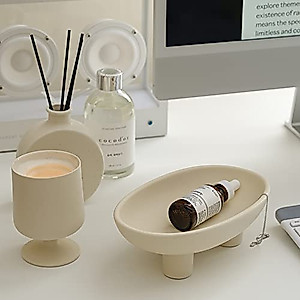 WENSHUO Three-Legs Vanity Tray, Bathroom Soap Dishes, 7-inch Oval, Matte Crème