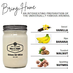 Nika's Home Banana Nut Bread Soy Candle 12oz Mason Jar Non-Toxic White Soy Handmade Long Burning 50-60 Hours Highly Scented All Natural, Clean Burning Candle Gift Décor