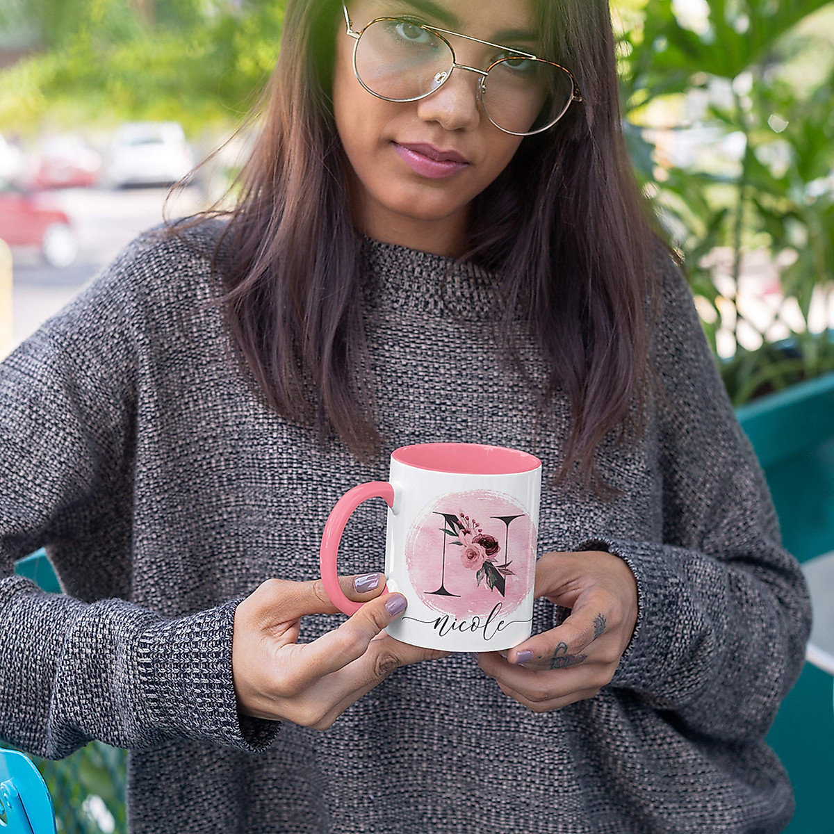 Personalized Coffee Mug w Initial Name Letter, DOUBLE-SIDED - Pink - 11 or 15 Oz - Custom Ceramic Mug, Christmas Gifts for women, Mom, Flower Lover Gifts for Girlfriend, Monogrammed Tea Cup