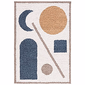 Safavieh Calico Shag Collection 8' x 10' Ivory/Blue CLC114A Mid-Century Modern Non-Shedding 1.6-inch Thick Area Rug