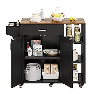 YITAHOME Rolling Kitchen Island Cart on Wheels with Storage, Drawer, Open Shelves, Spice/Towel Rack, Multi-Functional 2 Doors Kitchen Table Island for Dining Room, 42.5” Wide Black