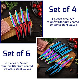SiliSlick Stainless Steel Steak Knife Set - Titanium Coated Colorful Kitchen Knives with Straight Edge, Smooth & Sharp - Rainbow Iridescent Kitchen Gifts & Accessories