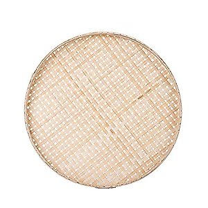 100% Handwoven Flat Wicker Round Fruit Basket Woven Food Storage Weaved Shallow Tray Organizer Holder Bowl Decorative Rack Display Kids DIY Drawing Board (Sqaure Hollow-Bamboo White, 26cm/10.2")