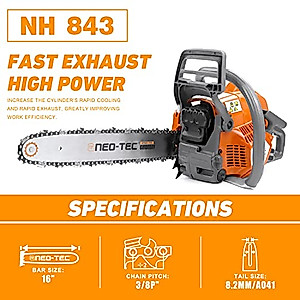 NEOTEC NH843 43cc Gas Chainsaw with 16 Inch Guide Bar and Chain, Power Chain Saw 2.95HP 2,2KW 16" Gasoline Chainsaws for Trees and Firewood Cutting, All Parts Compatible with Husqvarna 543XP Milling