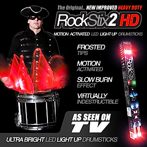 ROCKSTIX 2 HD RED, BRIGHT LED LIGHT UP DRUMSTICKS, with fade effect, Set your gig on fire! (RED ROCKSTIX)