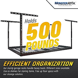 MonsterRax Overhead Garage Storage Racks 4x6, Ceiling Mounted Shelving, Adjustable Hanging Storage Organizer, Heavy Duty Steel, Holds 500 Pounds, Color: Hammertone, Adjusts 12"-21” off Ceiling