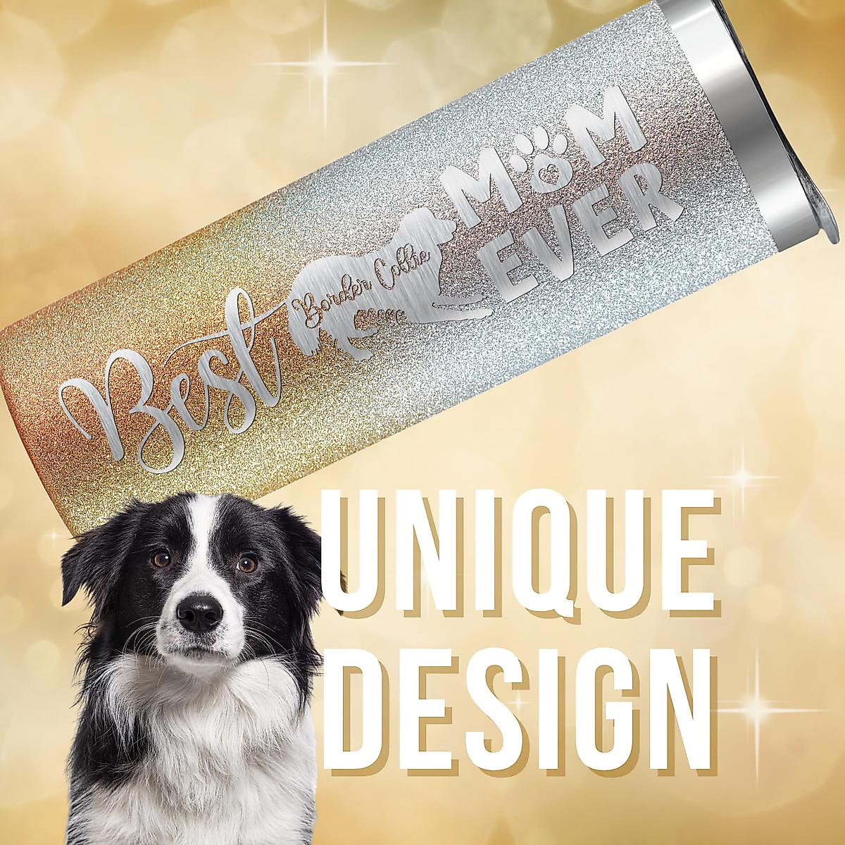 Onebttl Dog Mom Gifts, Dog Lover Gifts for Women, Best Dog Mom Ever, 20 oz Glitter Silver-Gold Insulated Tumbler - Border Collie Mom