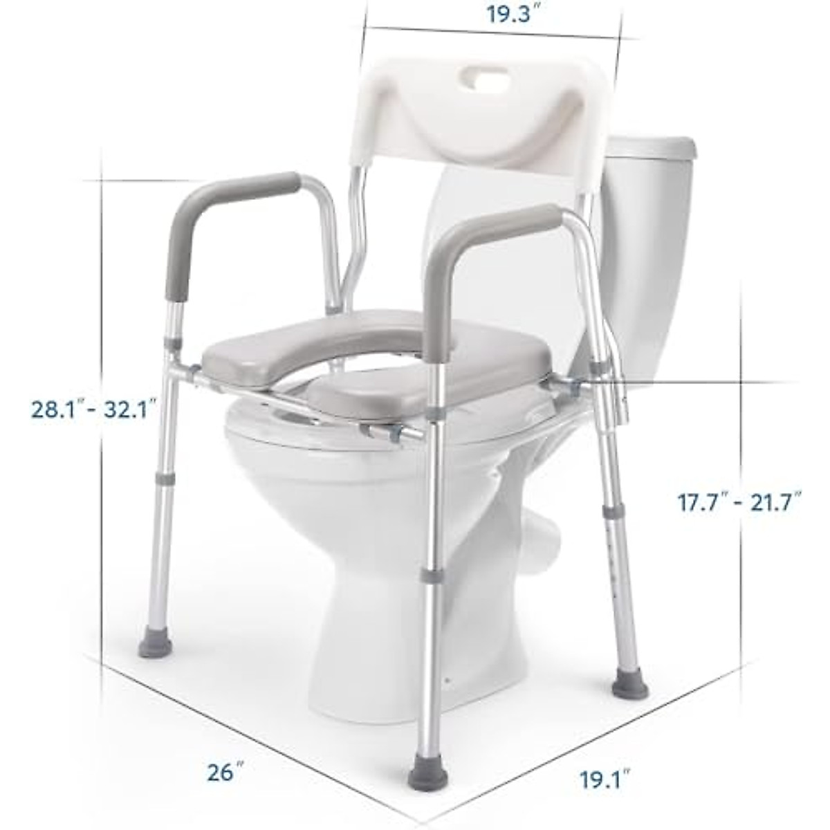 4-in-1 Raised Toilet Seat with Handles and Back, Medical Bedside Commode Chair, Adjustable Toilet Safety Frame, Shower Chair for Seniors, Elderly, Handicap, Pregnant，Collapsible Basin Included
