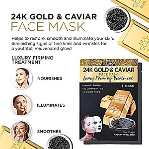 AZURE 24K Gold and Caviar Anti Aging Luxury Face Mask - Hydrating & Firming Facial Mask - Helps Reduce Wrinkles & Fine Lines - With Hyaluronic Acid & Collagen - Skin Care Made in Korea - 5 Pack