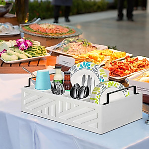 Ameuphercy Paper Plate Holder Utensil Caddy for Kitchen Counter，Paper Plate Dispenser with Large Cup Holder for Kitchen Counter, Paper Plate Organizer for Party,Wedding, BBQ(White-Carving)