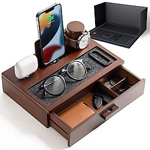 Nightstand Organizer For Men - Wood Phone Docking Station to Charge Your Phone & Earbuds - Wood Charging Station with Lined Tray & Drawer - Mens Docking Station - Gifts for Dad Birthday Gifts for Men