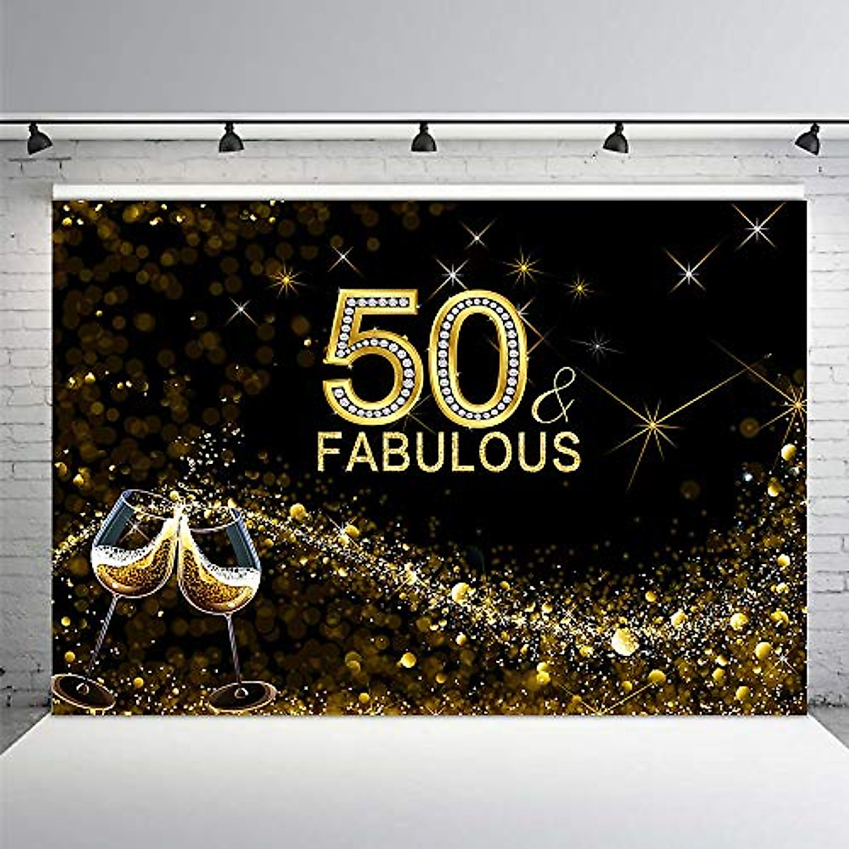 MEHOFOTO Glitter Gold and Black 50 and Fabulous Photo Studio Booth Background Wine Glass Bokeh Shiny Adult Happy 50th Birthday Party Decoration Banner Backdrops for Photography 7x5ft