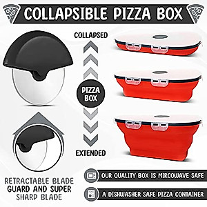 ROSER STUDIO 2 Silicone Pizza Storage Container Collapsible & Pizza Cutter - Reusable & Expandable Pizza Container & 10 Microwavable Lids Serving Tray - Foldable Pizza leftover Box (2 RED)