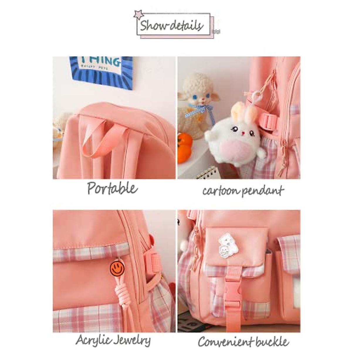 HCOOLE Kawaii Backpack 5Pcs Set with cute plush Pendants & Badge,19 gallon High capacity School Bag Cute Aesthetic Backpack