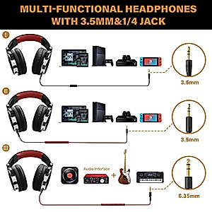 OneOdio Over Ear Headphone, Wired Bass Headsets with 50mm Driver, Foldable Lightweight Headphones with Shareport and Mic for Recording Monitoring Podcast Guitar PC TV - (Red)