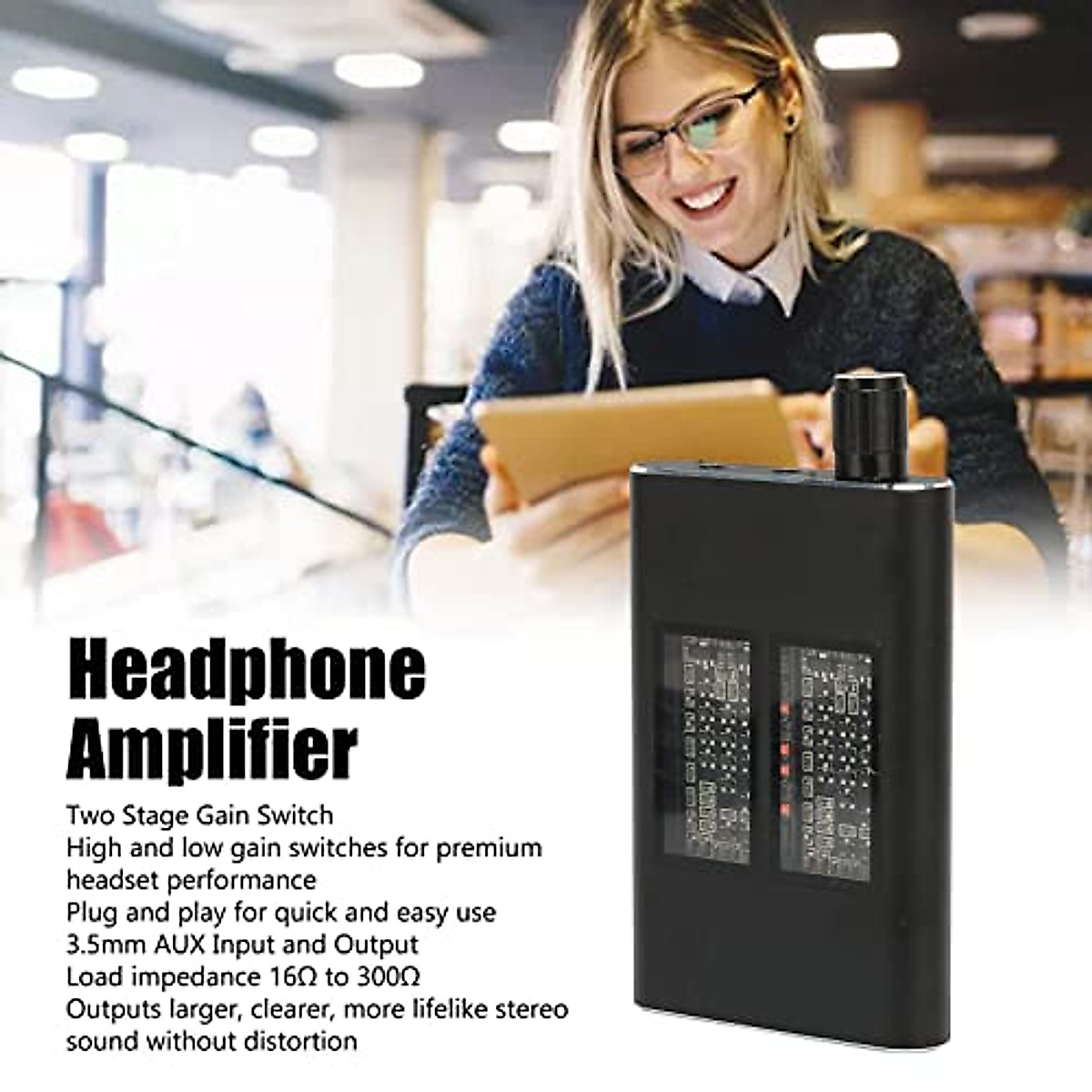 Headphone Amplifier,Portable HiFi 3.5mm Headphone Amplifier Rechargeable Headset Amp with Two Stage Gain Switch Compatible with Mobile Phones Tablets MP3