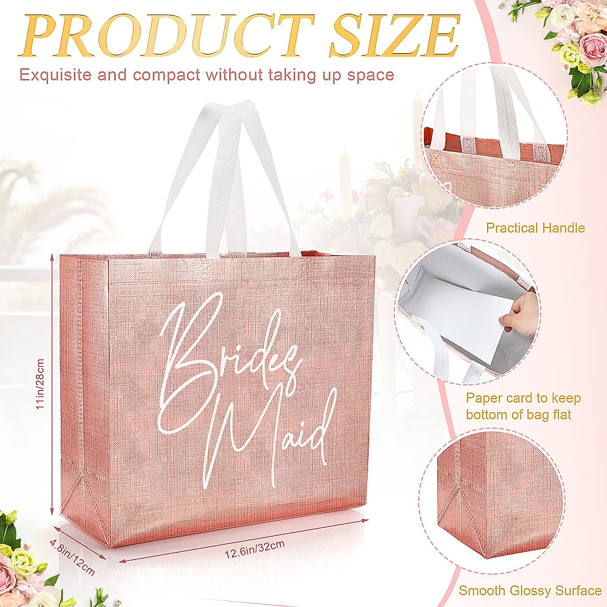 8 Pcs Bridesmaid Gift Bags Non-woven Reusable Gift Bags With Glossy Finish Wedding Welcome Bag with Handle Maid of Honor Matron of Honor Bags for Bridal Shower Engagement Bachelorette Party (Pink)