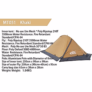 camppal 1 Person Tent Backpacking Camping Hiking Mountain Hunting Tent Lightweight and Waterproof for 4 Season Extreme Space Saving Single Bracket (Khaki-with skirt)