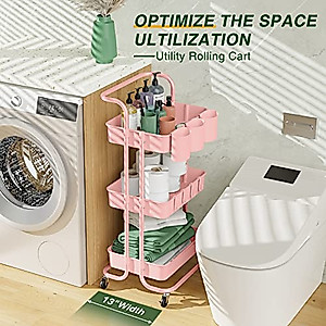 3-Tier Rolling Mobile Utility Cart with Hanging Cups & Hooks & Handle Multifunctional Organizer Storage Trolley Service Cart with Wheels Easy Assembly for Office, Bathroom, Kitchen(Pink)