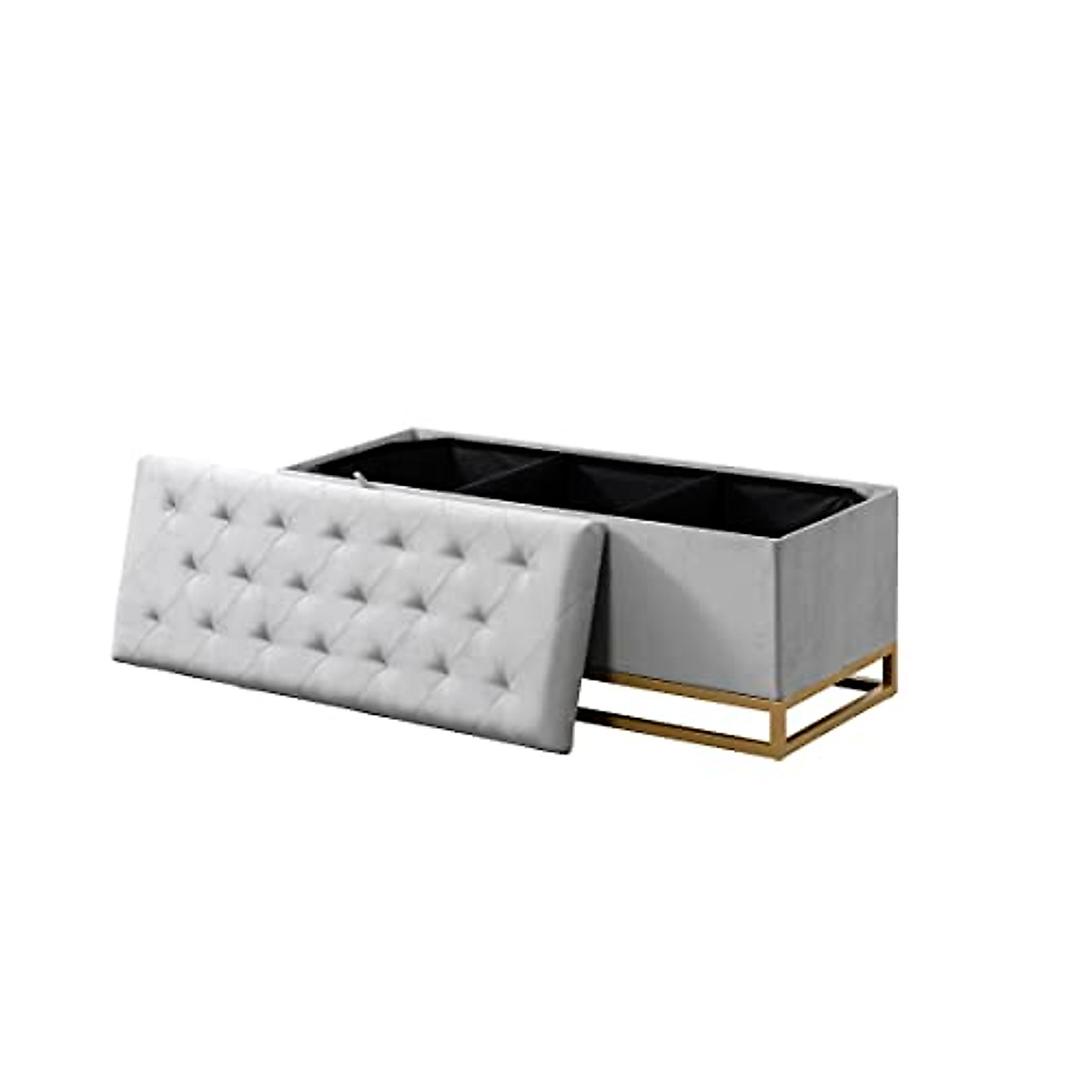 Chic Home Kadiri Storage Bench Velvet Upholstered Tufted Seat Gold Tone Metal Base with Discrete Interior Compartment Modern Contemporary, Grey