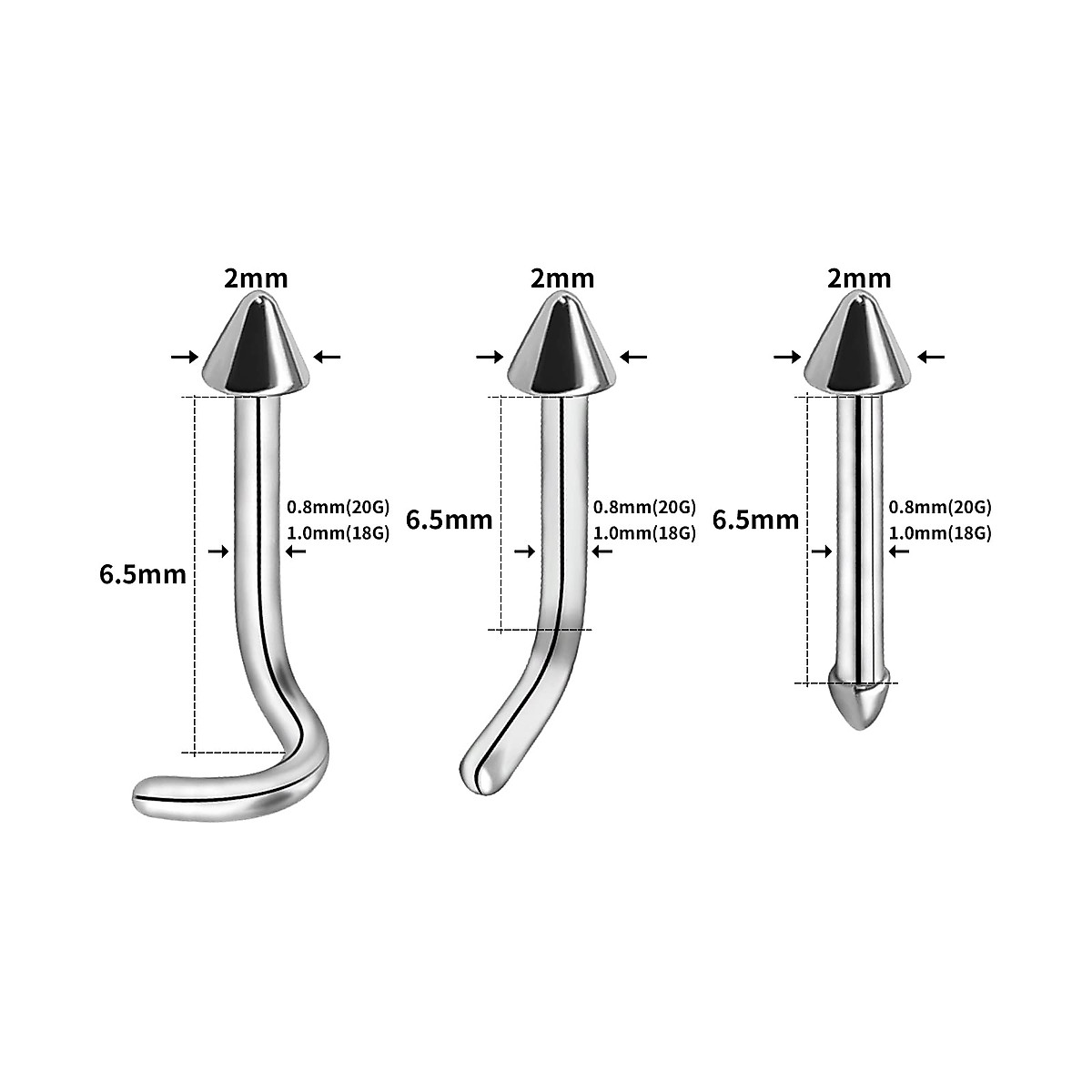 BLISI Nose Rings Titanium Nose Piercings Screw for Women Nose Rings L-Shaped Nose Studs Set for Women Men (6PCS Set 5, 18G 6.5x2)