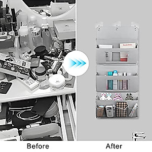 Skycase Over The Door Organizer,3-Pockets Hanging Organizer Bag,Wall Mount Storage Organizer with 3 Sticky Hooks and 4 Mesh Pockets,Hanging Storage Organizer for Clothes,Toys,Cosmetics,Kitchen,Grey