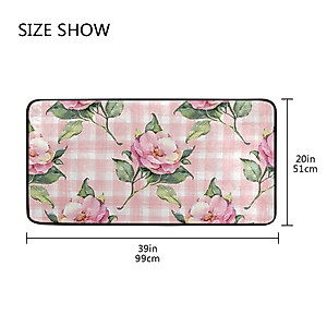 Pink Rose Plaid Kitchen Rug Door Mat Bath Rug Home Decor Floor Mat Non-Slip Carpet for Kitchen Living Bedroom 39 x 20 Inch