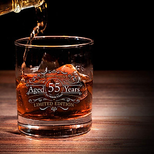 Vintage Edition Birthday Whiskey Scotch Glass (55th Anniversary) 11 oz- Vintage Happy Birthday Old Fashioned Whiskey Glasses for 55 Year Old- Classic Lowball Rocks Glass- Birthday, Reunion Gift