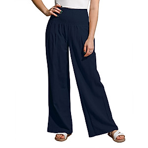 utcoco Womens Wide Leg Linen Palazzo Pants Casual Elastic Waisted Loose Fit Trousers (XXL, Navy Blue)
