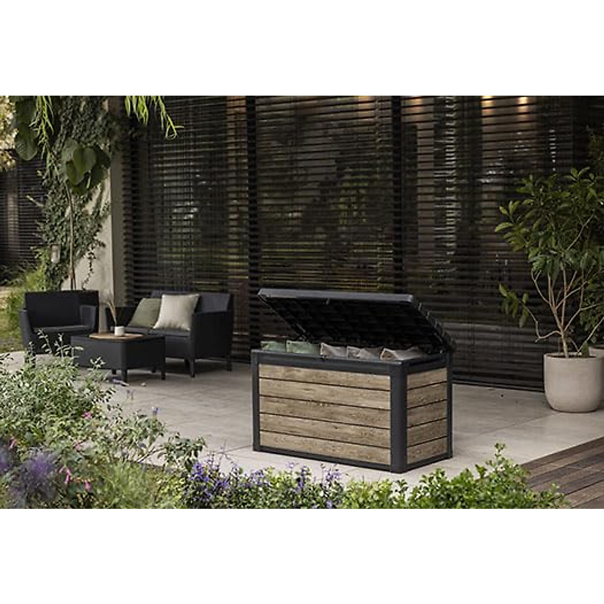 Keter Ashwood 100 Gallon Resin Deck Box Organization and Storage for Patio Furniture Outdoor Cushions, Throw Pillows, Garden Tools and Pool Toys, Brown