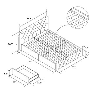 DHP Dakota Upholstered Platform Bed with Underbed Storage Drawers and Diamond Button Tufted Headboard and Footboard, No Box Spring Needed, Queen, Black Faux Leather