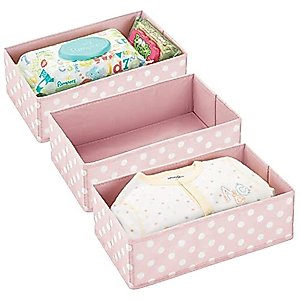 mDesign Fabric Drawer Organizer Bins, Kids/Baby Nursery Dresser, Closet, Shelf, Playroom Organization, Hold Clothes, Toys, Diapers, Bibs, Blankets, 3 Pack - Pink/White Polka Dot