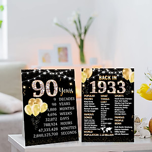 90th Birthday Party Signs with Paper Holder - 2pc Black Gold Vintage 1933 Birthday Party Table Signs Decorations for Happy Birthday Party Activities Celebration Reception Table Supplies - taogold09