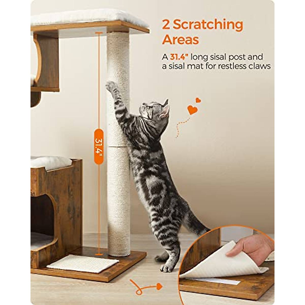 FEANDREA 33.9-Inch Cat Tower, Medium Cat Tree with 3 Beds and Cave, Cat Condo Made of MDF with Wood Veneer, Sisal Post and Washable Faux Fur, Vintage, Rustic Brown and White UPCT70HW