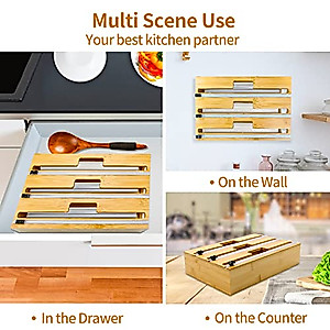 BGFOX 3 in 1 Plastic Wrap Organizer with Cutter and Labels, Natural Bamboo 12" Roll Aluminum Foil and Wax Paper Dispenser for Kitchen Storage Organization Holder
