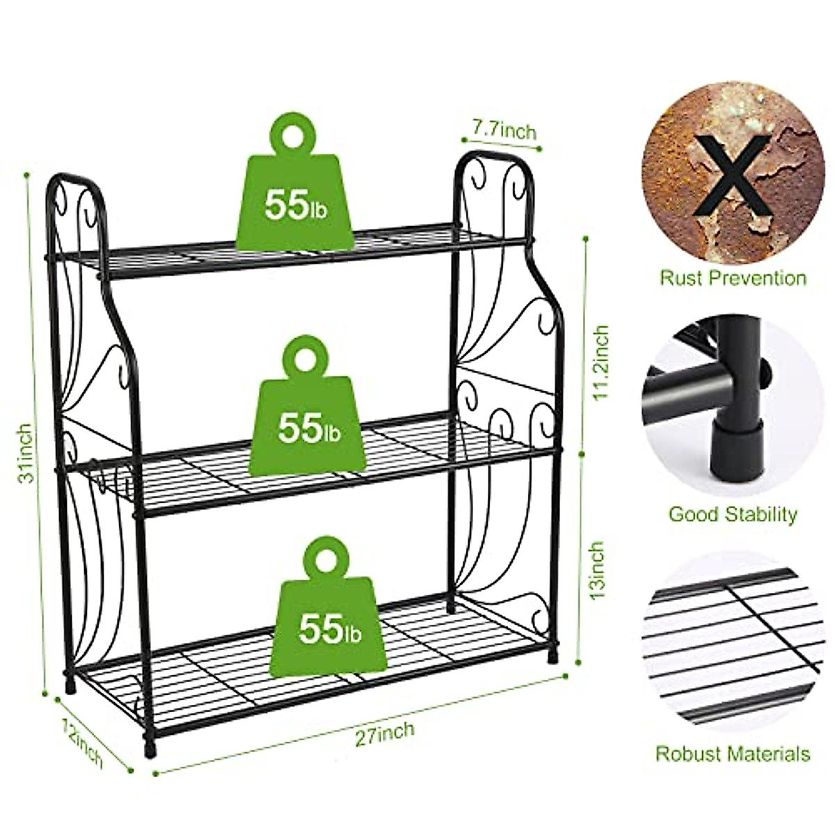 Citfis Plant Stand Rack 3 Tier Indoor Outdoor Metal Plant Stand Multiple Functional Plant Shelf Rust Prevention, Used for Living Room Courtyard Garden and Balcony Black