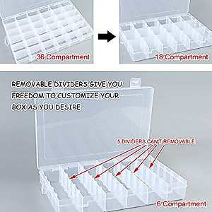 2pack 36 Grids Clear Plastic Organizer Box Storage Container Jewelry Box with Adjustable Dividers for Beads Art Crafts Jewelry Fishing Tackles with 8 Inch Multipurpose Scissors, Soft Ruler