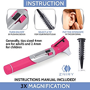 Zniry Fiber Optic Mini Otoscope - Ear Scope with Light, Ear Infection Detector (Pink Color) Reguler