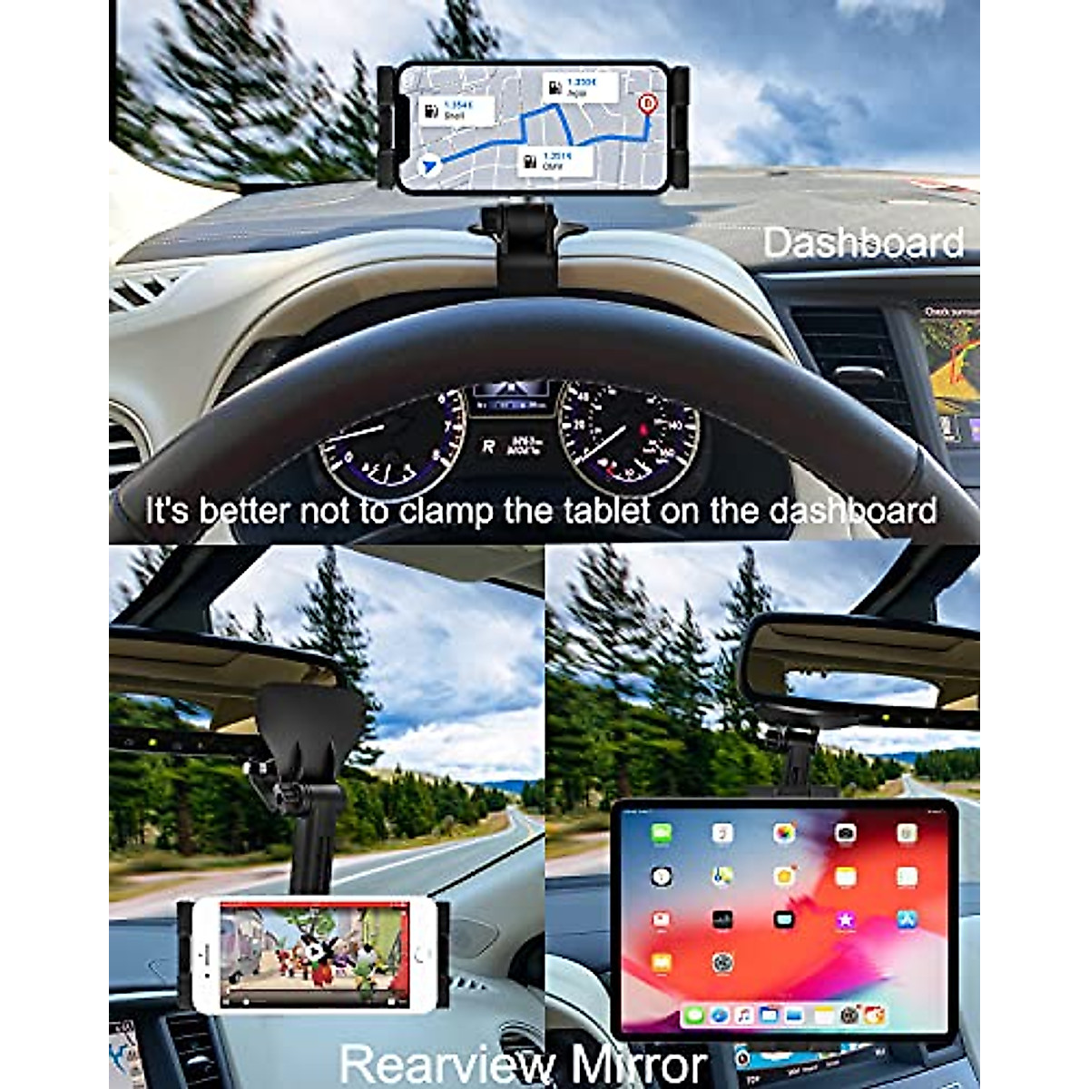 Dashboard Clip Car Phone Mount, woleyi Car Sun Visor & Rearview Mirror Clamp Phone Tablet Holder with Adjustable Arm for iPhone 13 Pro Max 12 11 XS XR X 8 7 6, iPad, More 4-11" Cell Phones and Tablets