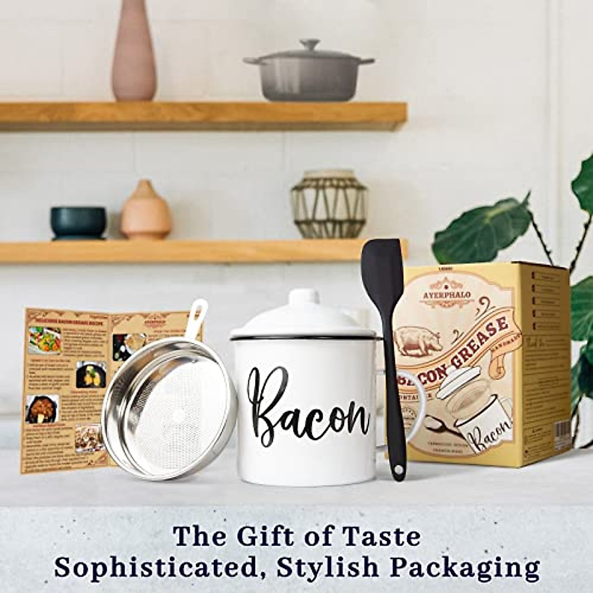 Bacon Grease Container with Strainer - With Food-Grade Silicone Spatula, 46oz Large Enamel Grease Strainer - Rustic Farmhouse Bacon Fat Container, Bacon Grease Keeper, With Recipes, Dishwasher Safe