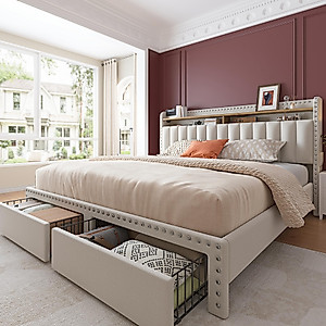 EnHomee Queen Bed Frame with Headboard and Storage, Upholstered Queen Bed Frame with Storage, Queen Size Bed Frame with 2 Drawers, Queen Size Bed Frame with Storage, NO Noise,No Box Spring Needed