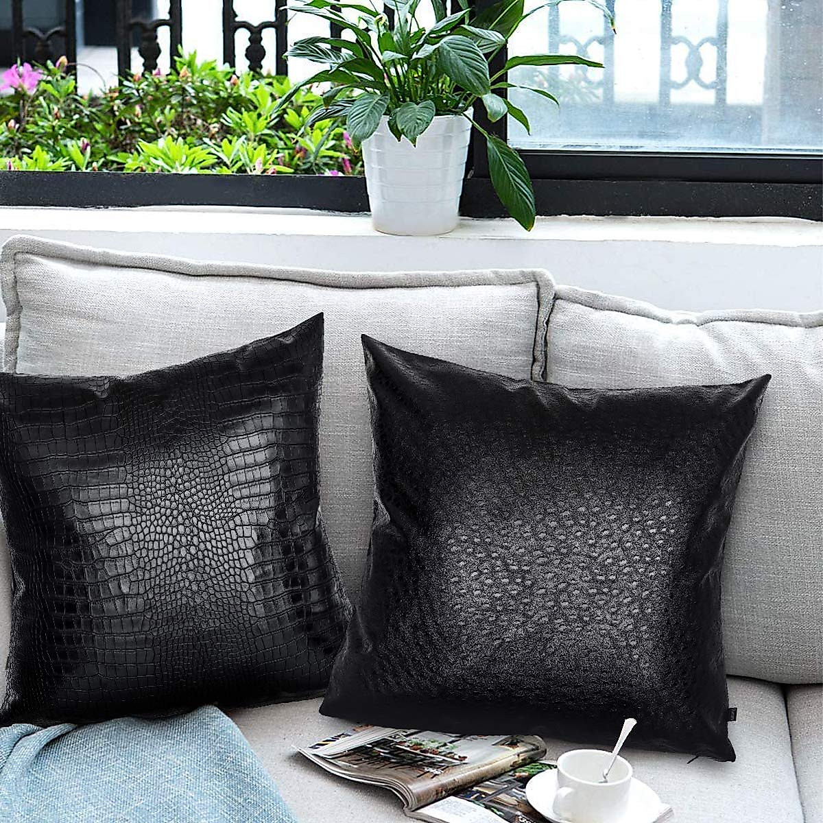 HDDahua Black Ostrich Skin Faux Leather Throw Pillow Covers, Modern Faux Leather Couch Lumbar Cushion Covers for Couch Bed Sofa 20x 20 Inches